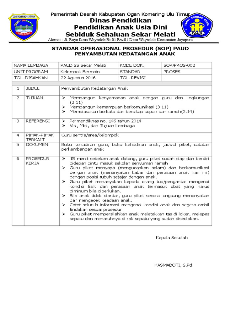 2 Sop Paud Penyambutan Kedatangan Anak | PDF