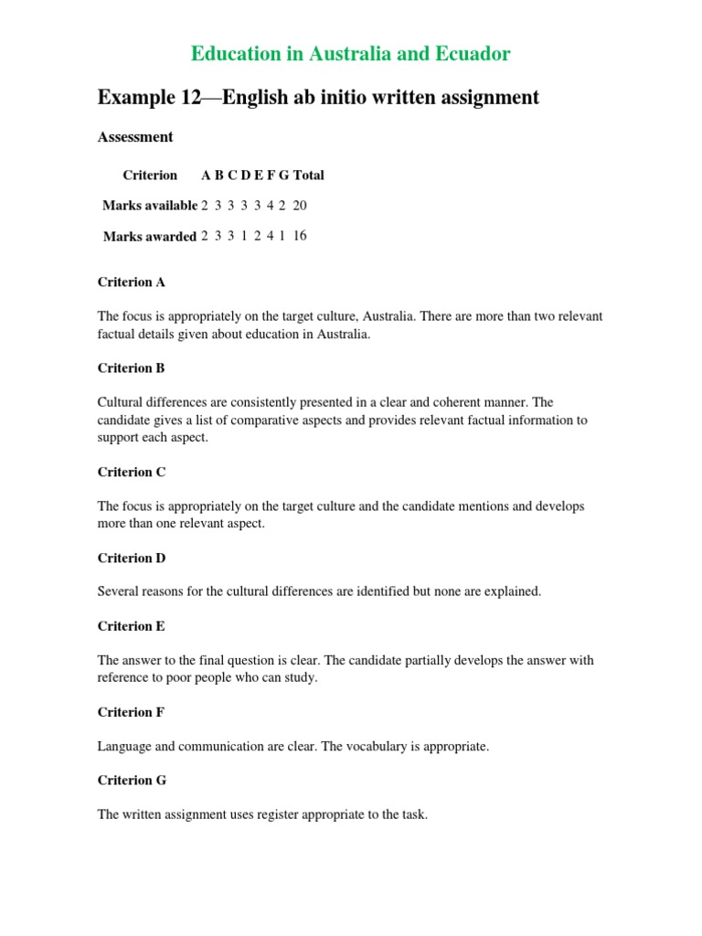 Example 12-English Ab Initio Written Assignment: Education in Australia ...