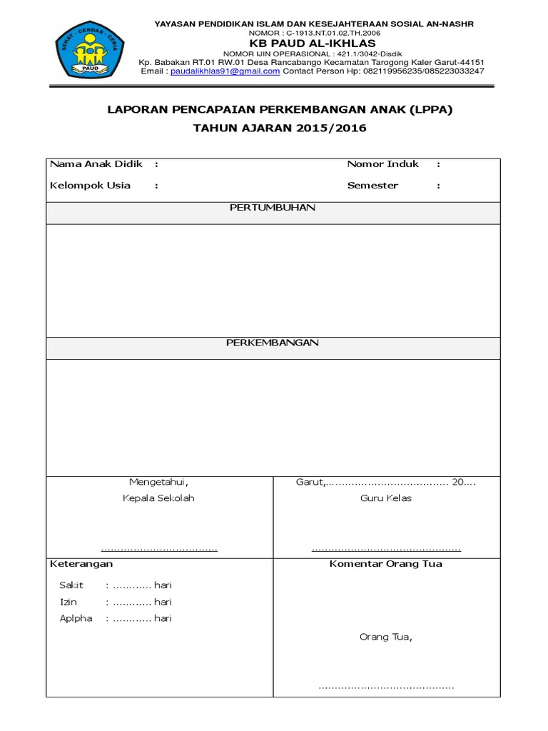 Format Lppa Paud Laporan Perkembangan Anak | PDF