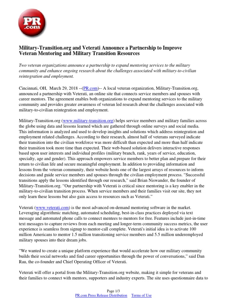 And Veterati Announce A Partnership To Improve Veteran Mentoring and Military Transition ...