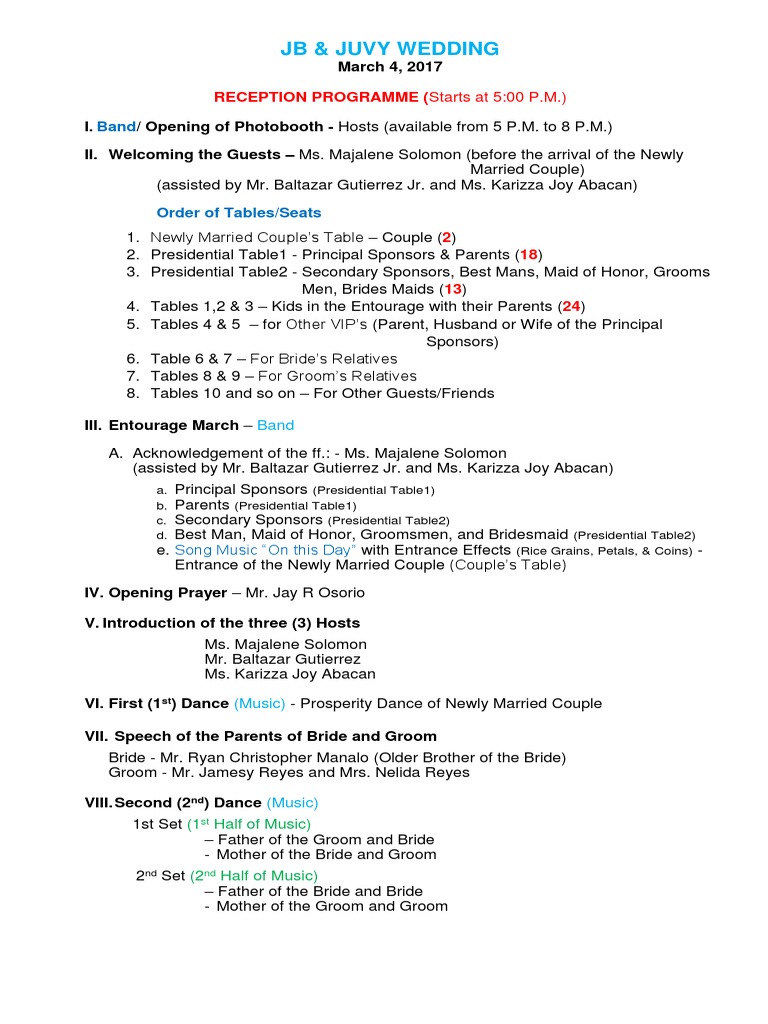 JB & Juvy Wedding: RECEPTION PROGRAMME (Starts at 5:00 P.M.) | PDF | Groomsman | Bridesmaid
