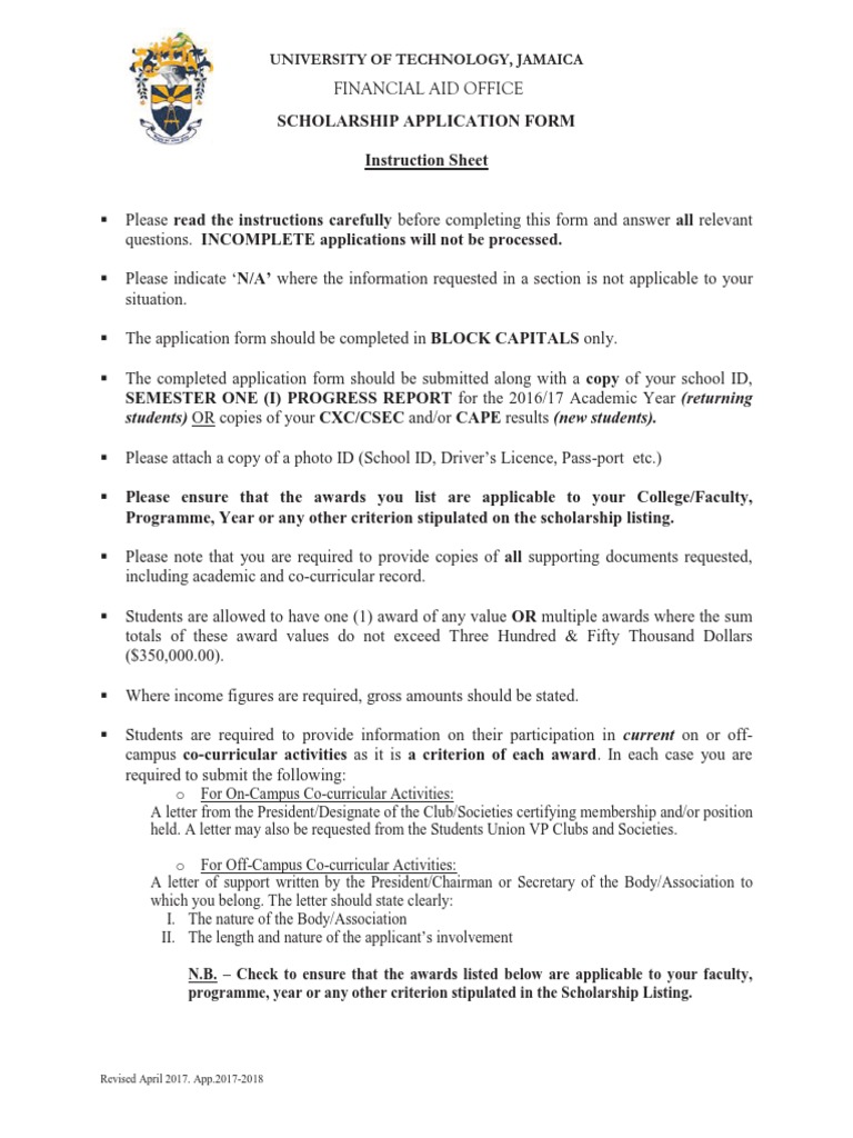 Scholarship Application Form Instruction Sheet: Financial Aid Office ...