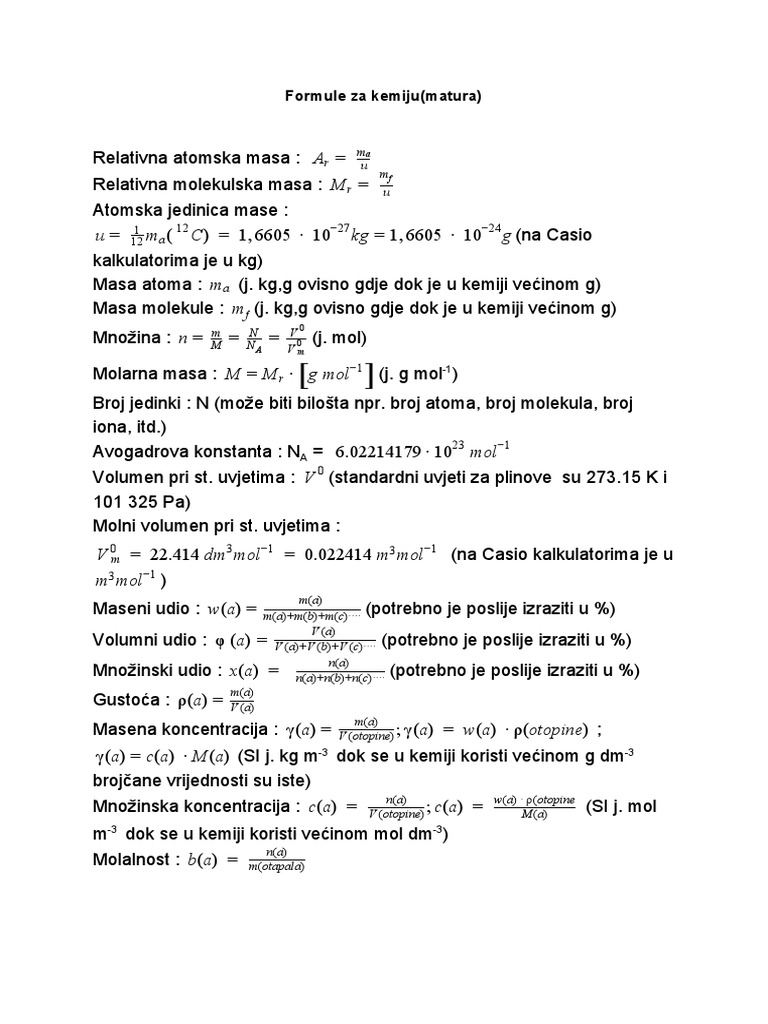 Formule Za Kemiju (Matura) | PDF