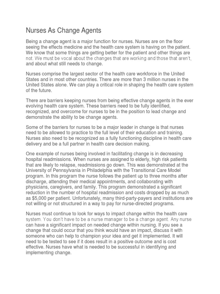 Nurses As Change Agents | PDF | Nursing | Health Care