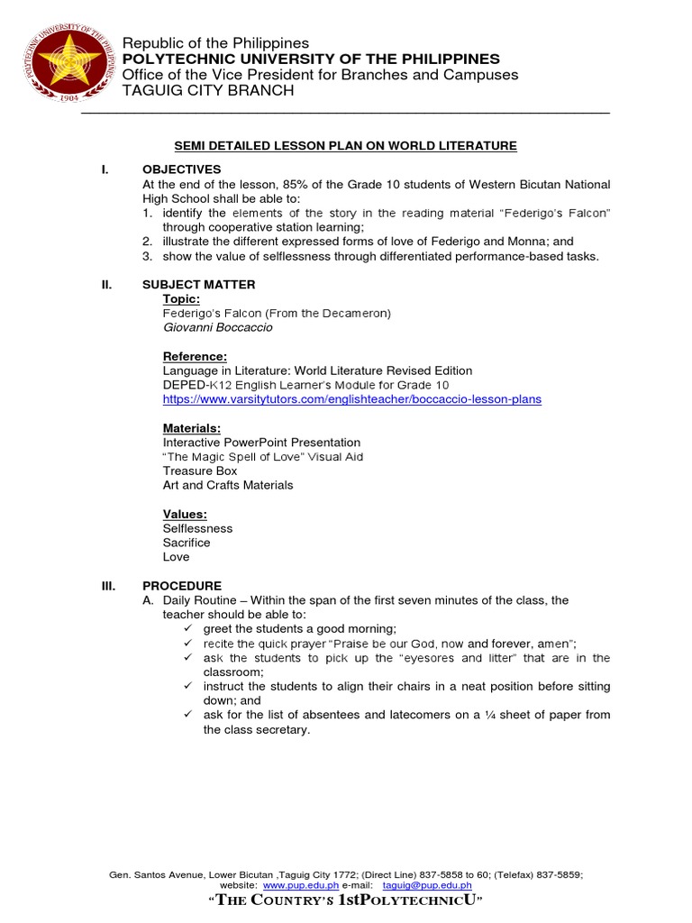 Grade 10 Lesson Plan - Federigo's Falcon (From The Decameron) by Junie ...