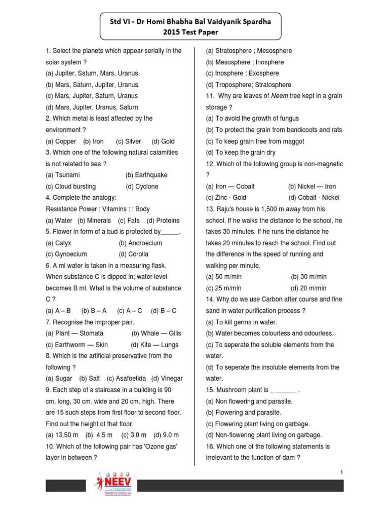 STD Vi 2015 Test Paper With Solutions | PDF | Humidity | Oxygen
