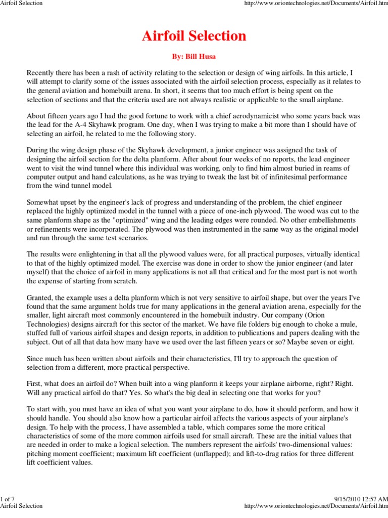 Airfoil Selection Guide for Small Aircraft | PDF | Lift (Force) | Wing