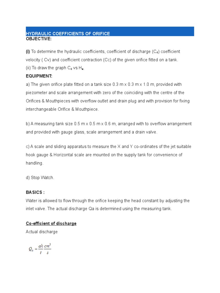 Hydraulic Coefficients of Orifice and Bernoulli Theorem | PDF | Fluid ...