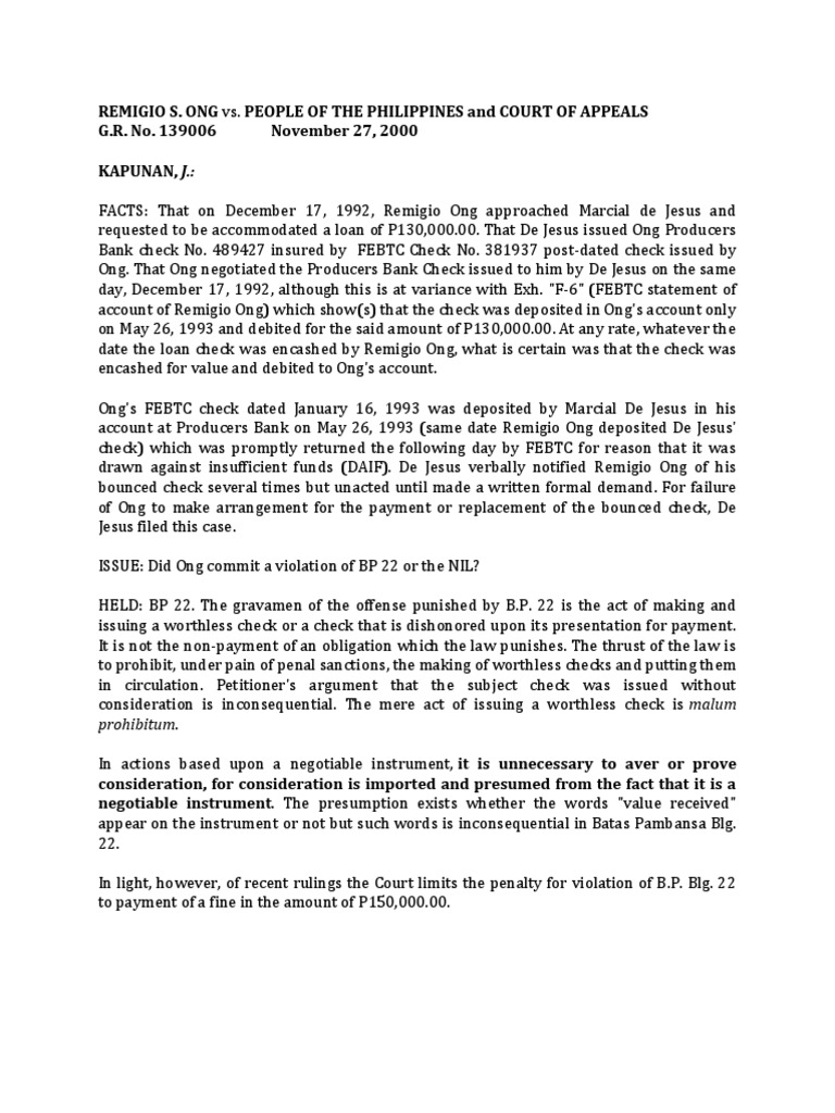 Violation of BP 22: Ong Case Summary | PDF