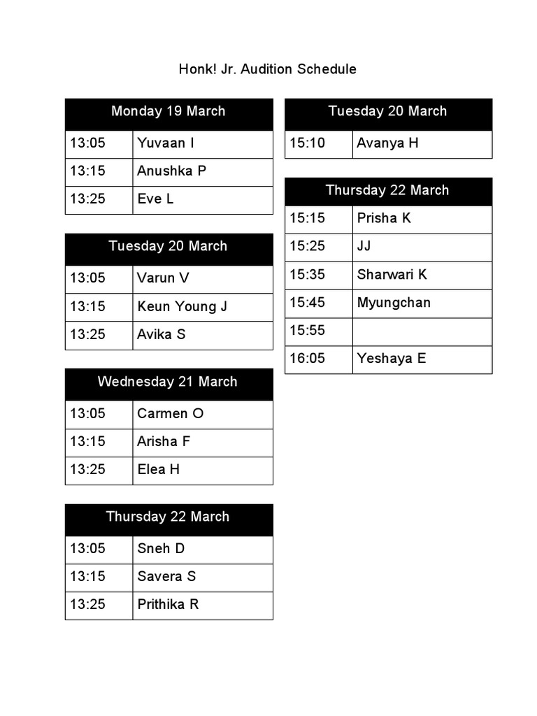 Honk! Jr. Audition Schedule | PDF