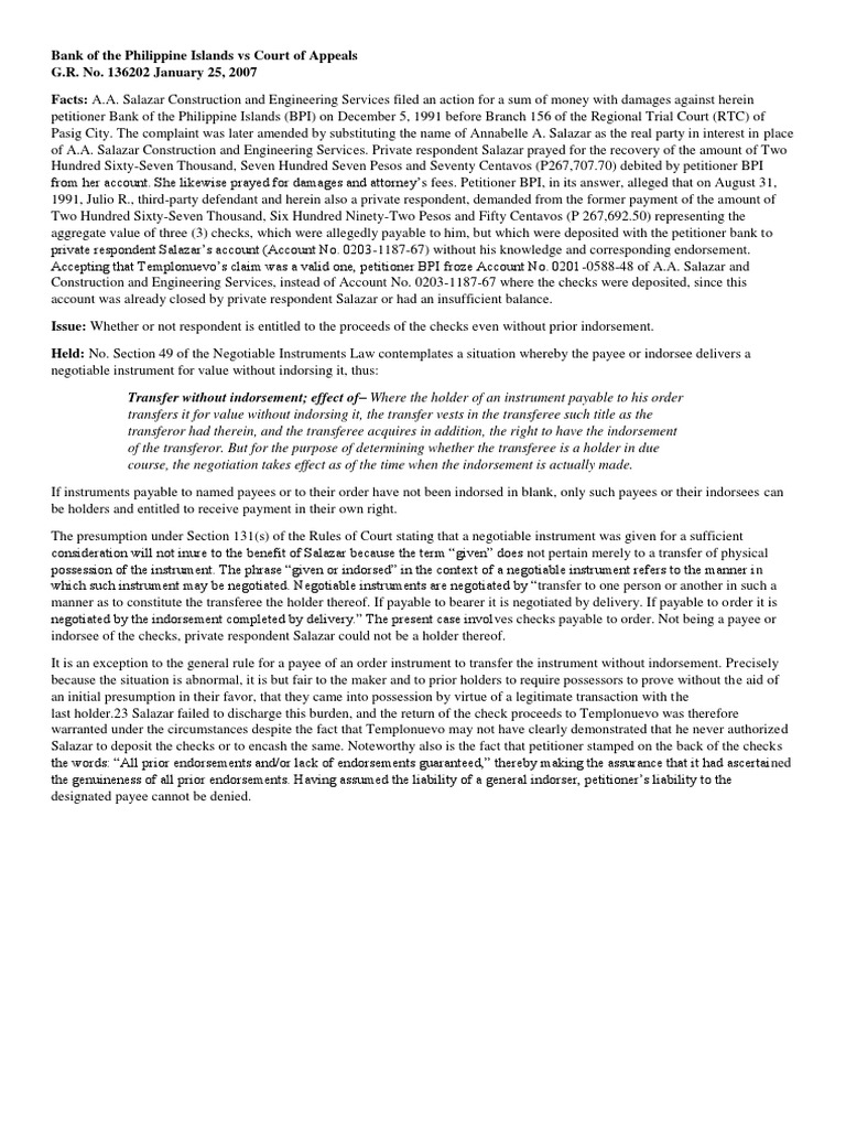 Bank of The Philippine Islands Vs Court of Appeals | PDF | Negotiable ...