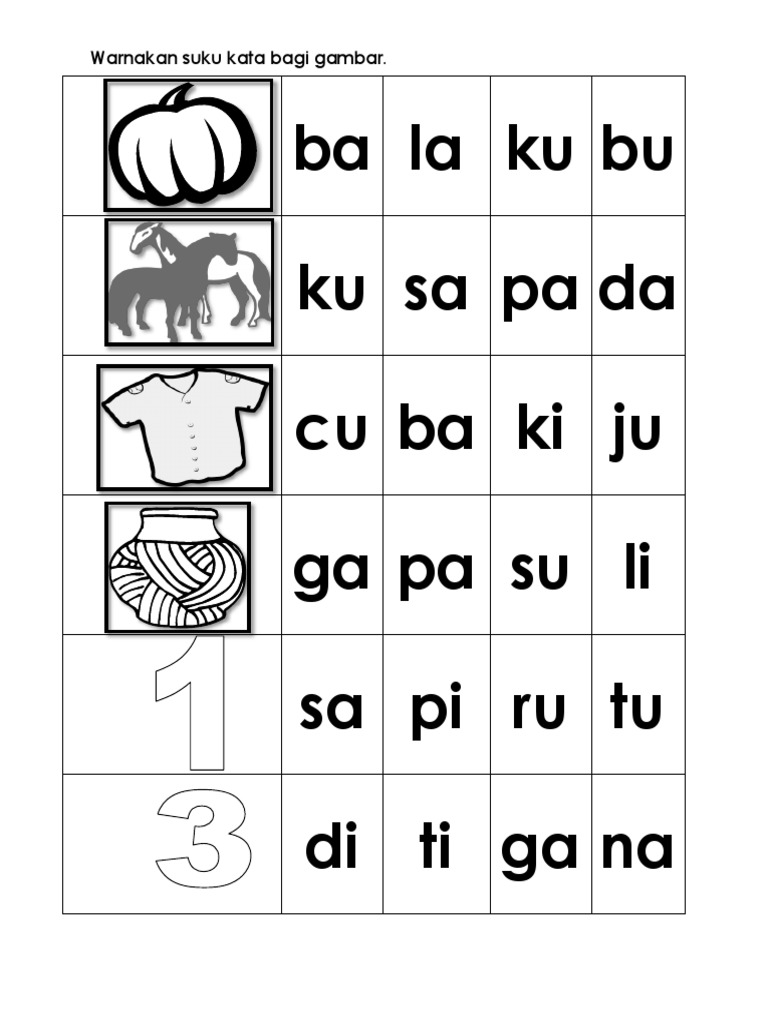Warnakan Suku Kata Berdasarkan Gambar | PDF