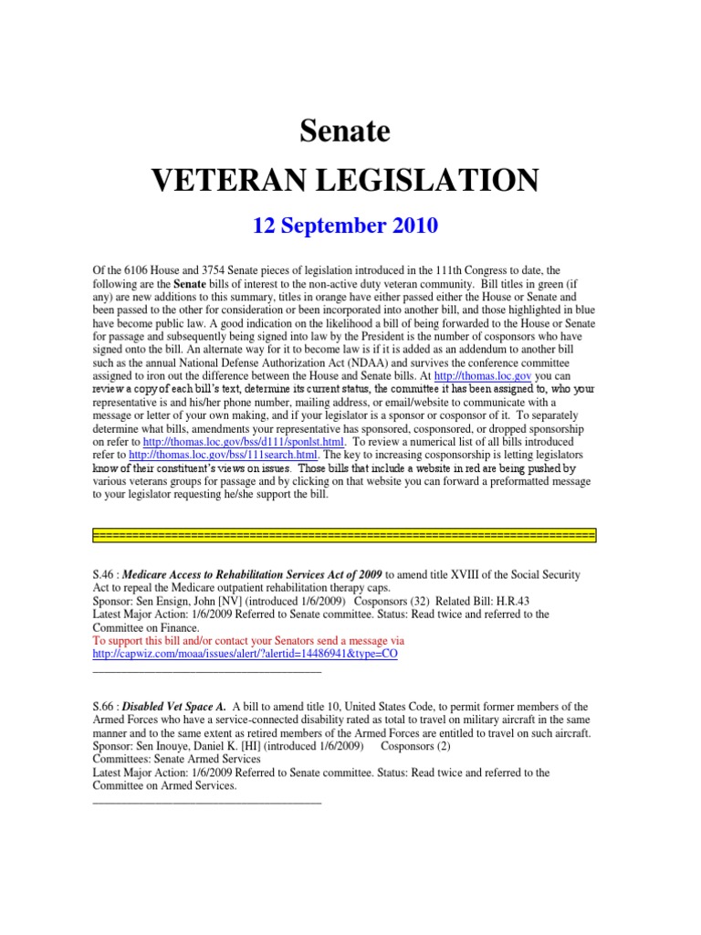 Senate Veteran Legislation: 12 September 2010 | PDF | United States ...