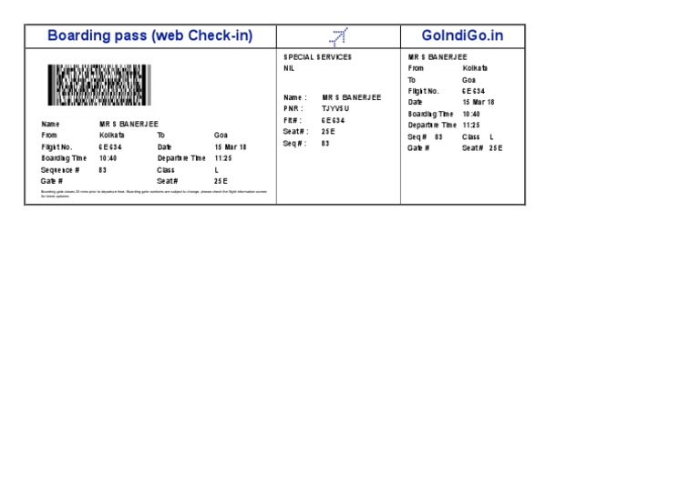 Surajit Kol Goa Boarding Pass 150318 | PDF | Airlines | Aviation