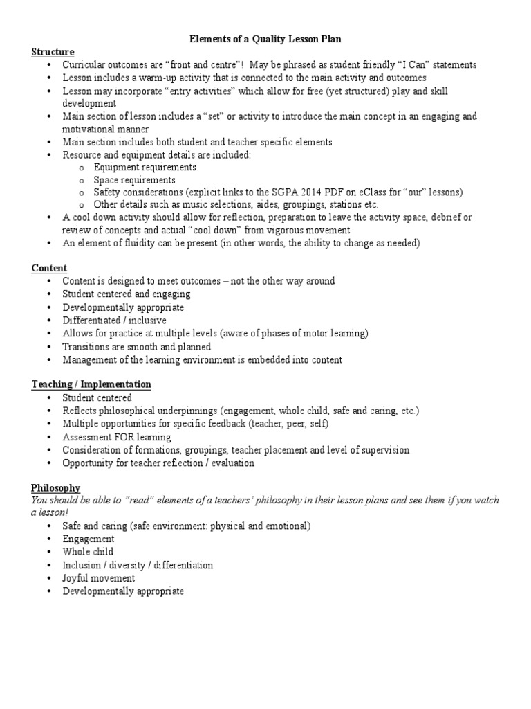 Elements of A Quality Lesson Plan | PDF