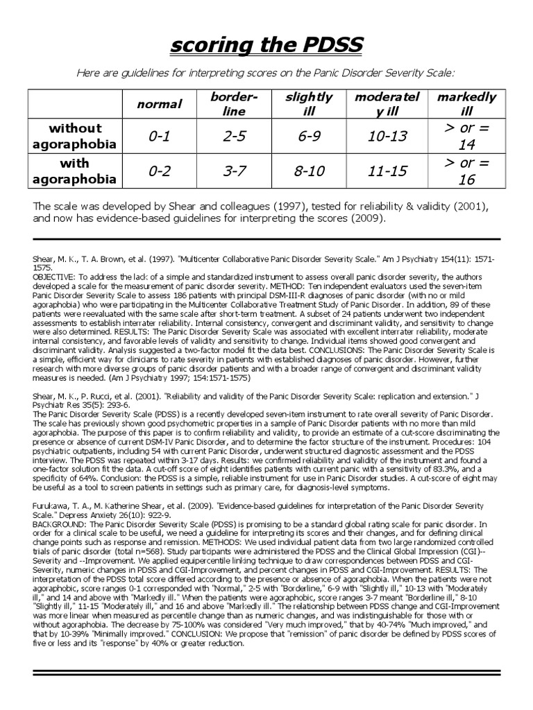 Panic, Assessment PDSS, Scoring | PDF | Panic Disorder | Validity ...