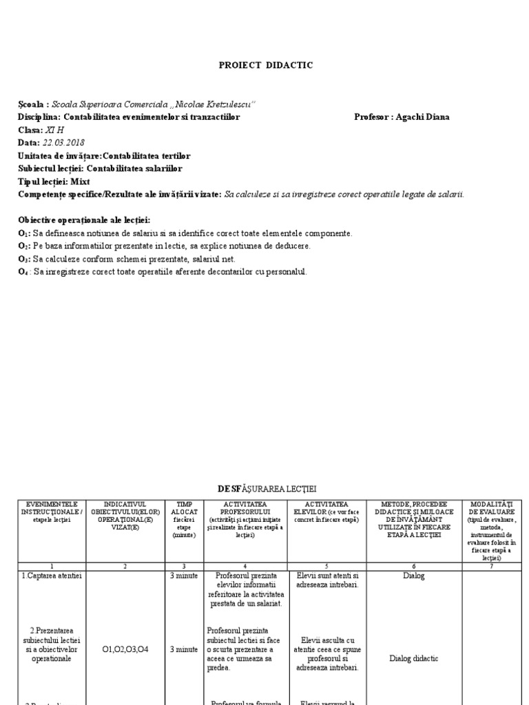 Proiect de Lectie - Contabilitatea Salariilor | PDF