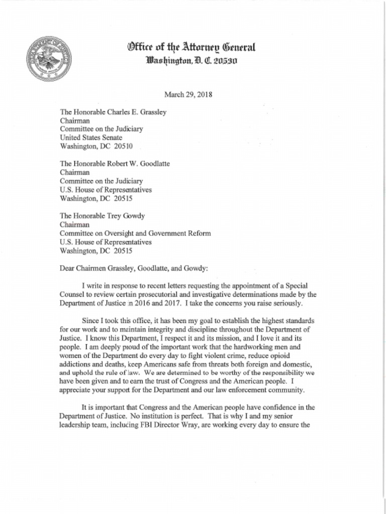 AG Jeff Sessions Letter To Congress RE Huber As Prosecutor With IG ...