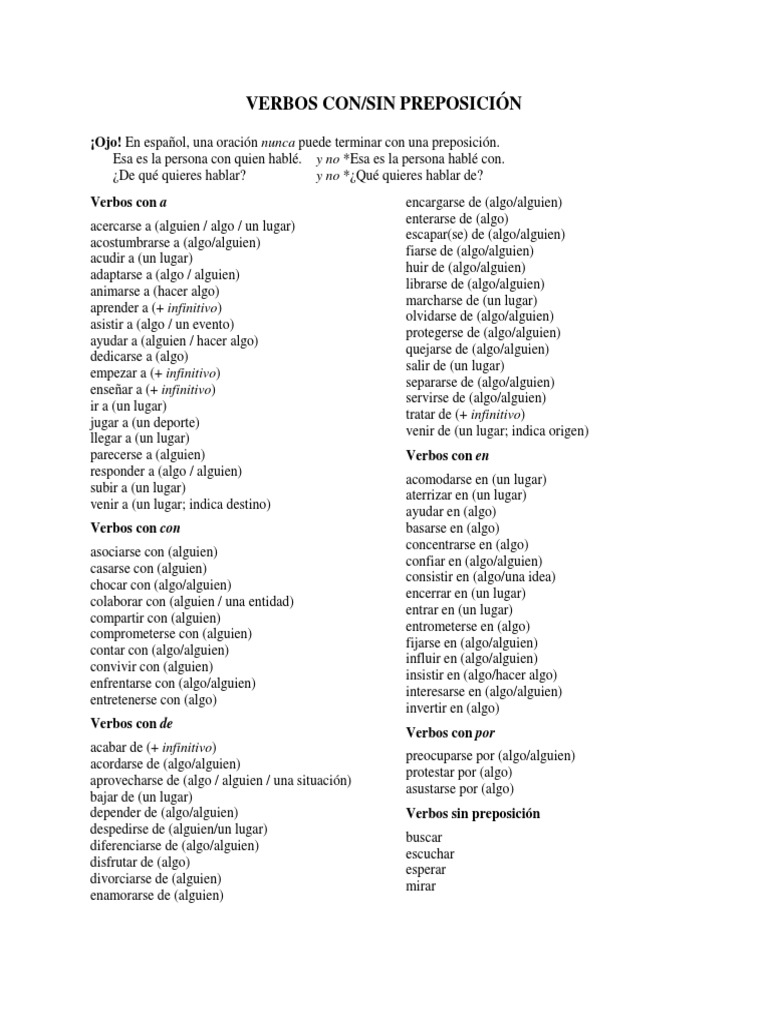 Verbos y Sus Preposiciones PDF | PDF | Ocio