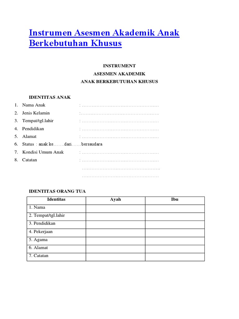 Contoh Instrumen Asesmen Akademik Anak Berkebutuhan Khusus | PDF | Kesehatan Holistik