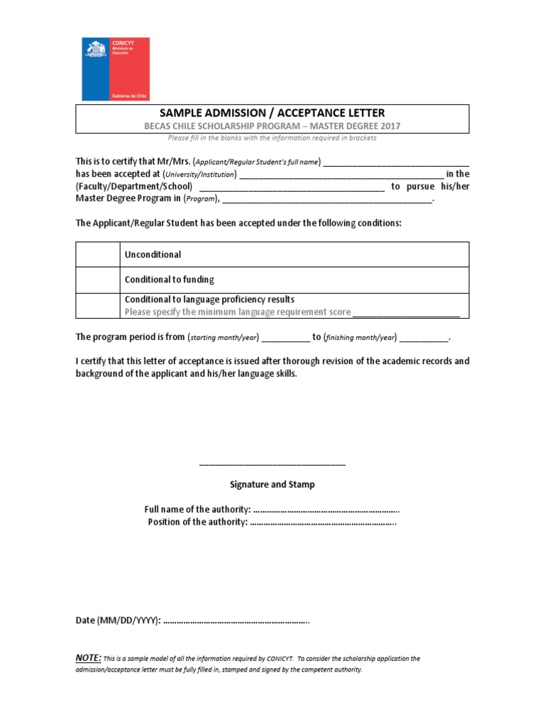 Sample Admission Letter for Chile Scholarships | PDF | Business