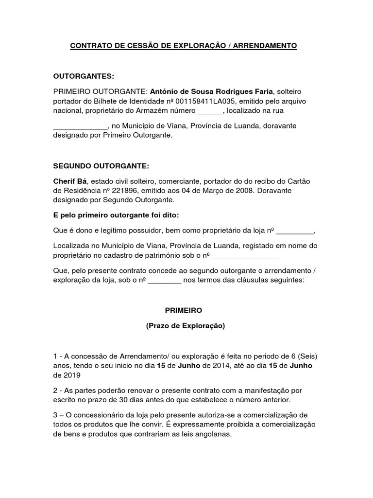 Contrato De Cessão De Exploração Pdf Leasing Business