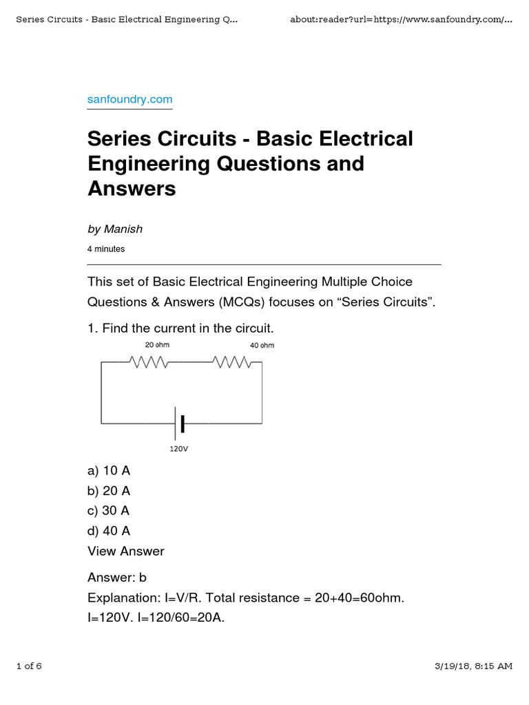 Questions & Answers On Simple DC Networks | Download Free PDF | Series And Parallel Circuits ...