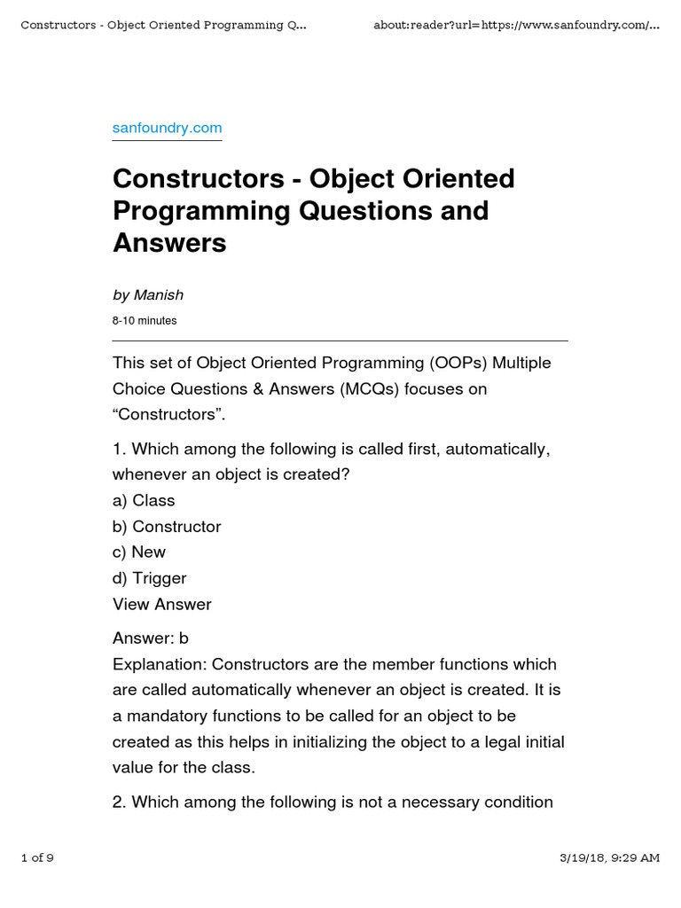 Questions On Constructors And Destructors Pdf Constructor Object Oriented Programming