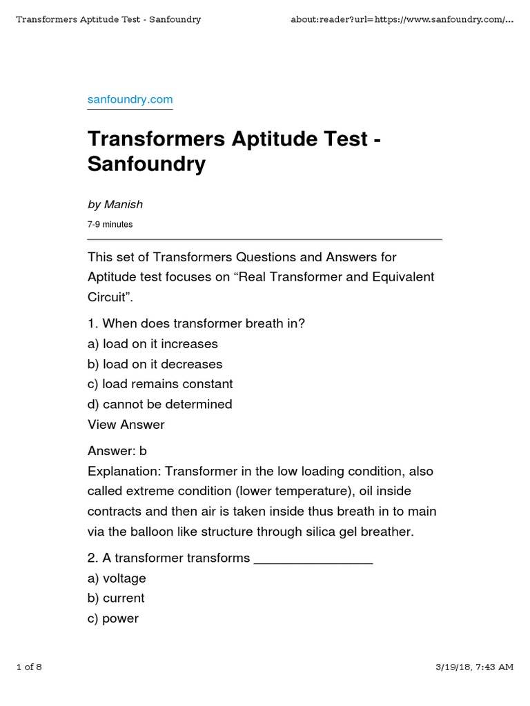 Questions & Answers On Real Transformer and Equivalent Circuit | PDF ...