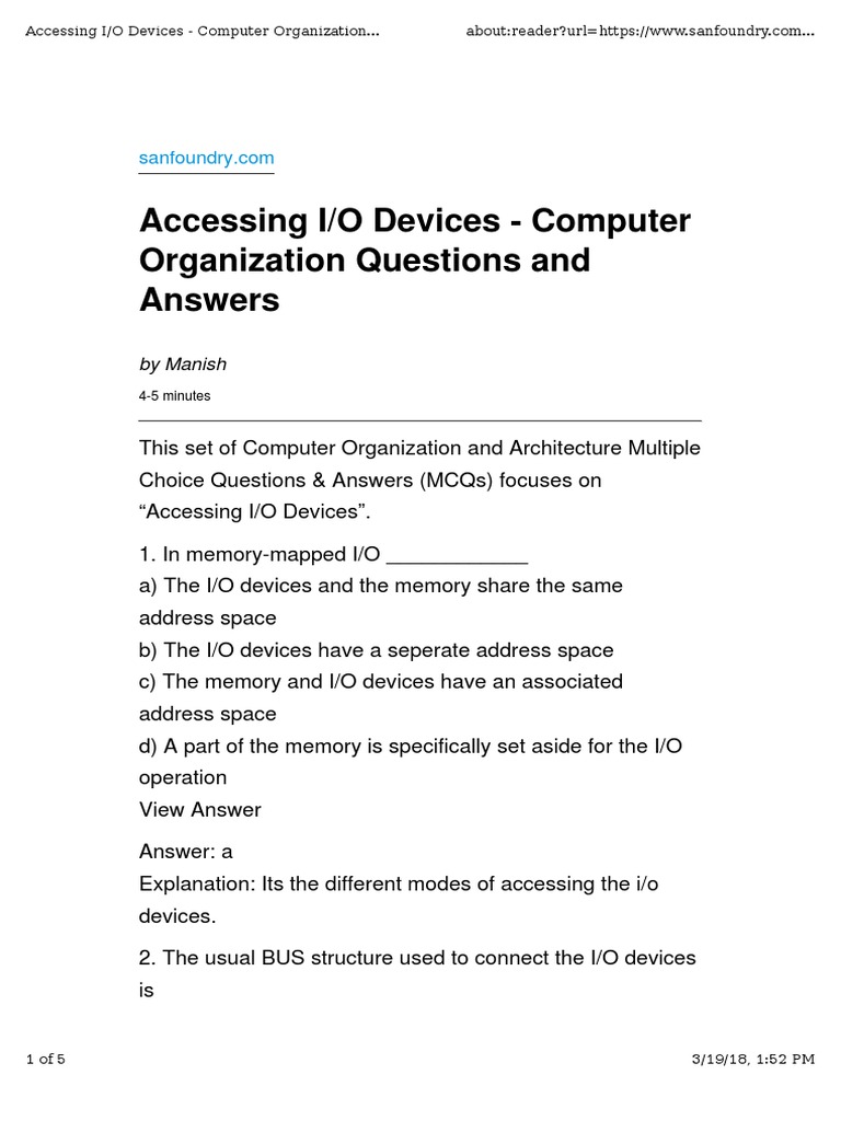 Questions and Answers On Input Output Organisation | PDF | Input/Output ...