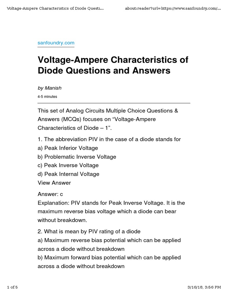 Questions & Answers On Diode Circuit | PDF | Diode | Electrical ...