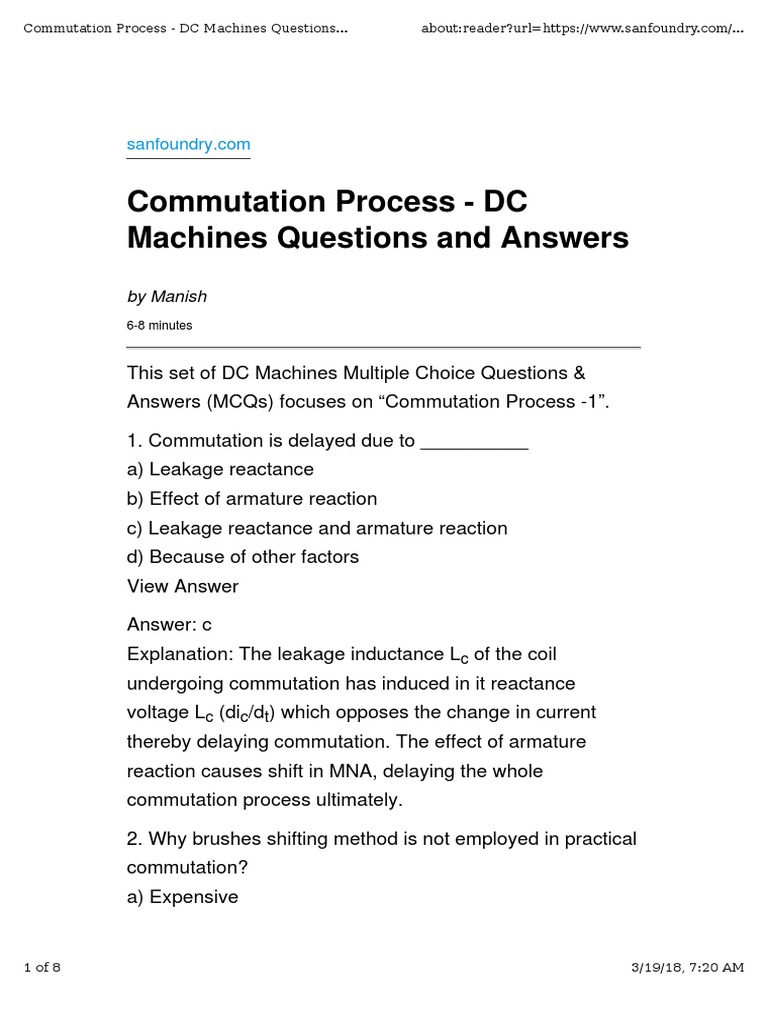 Questions & Answers On Commutation Process & Excitation Methods | PDF | Series And Parallel ...