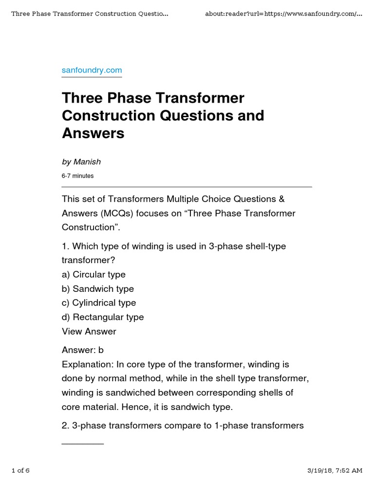 Questions & Answers On Three Phase Transformers | PDF | Transformer | Force