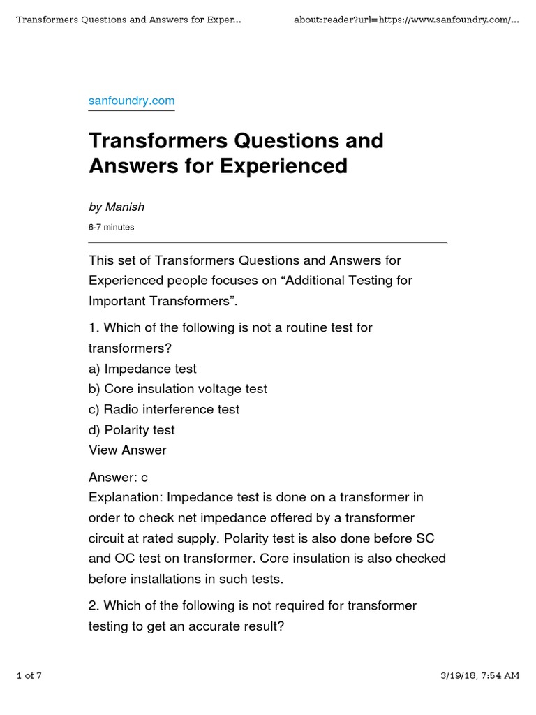 Questions On Parallel Operation of Transformers | PDF | Transformer | Electrical Impedance
