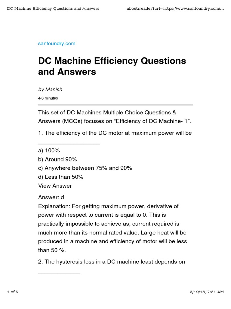 DC Machine Efficiency MCQs | PDF | Electric Generator | Series And ...