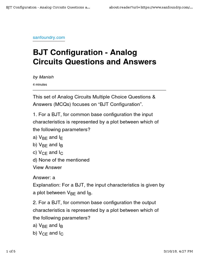 BJT Configuration MCQs and Answers | PDF | Bipolar Junction Transistor ...