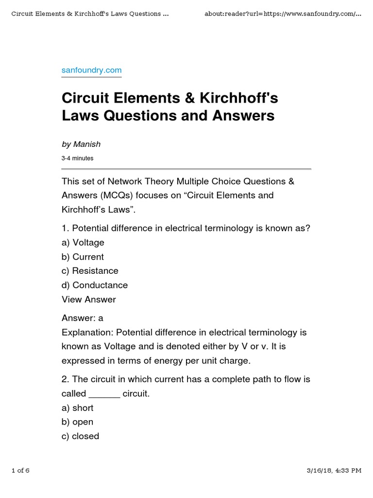 Questions & Answers On Circuit Elements and Kirchhoff's Laws | PDF ...