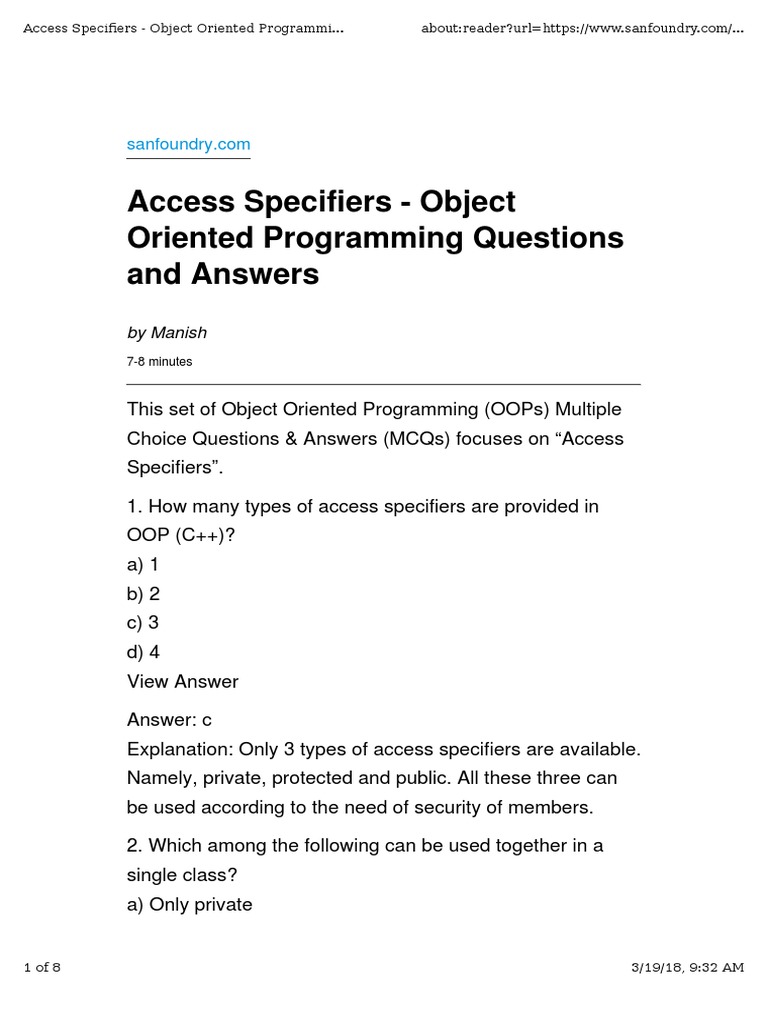 Questions And Answers On Access Specifiers Pdf Class Computer Programming Inheritance 