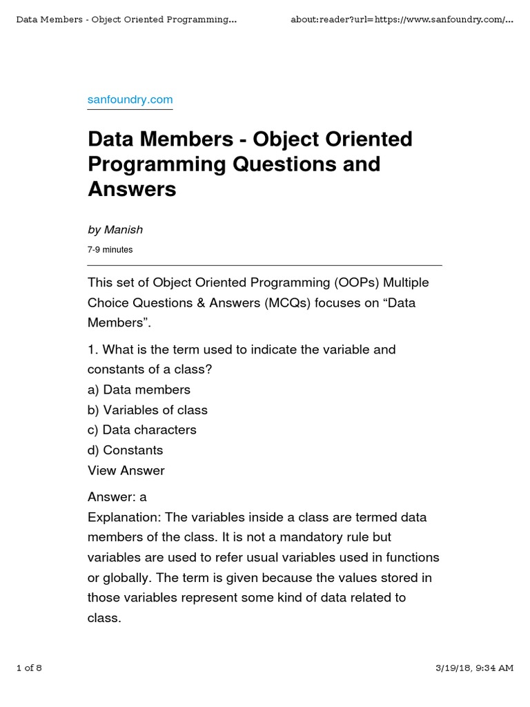 Questions On Class Members And Types Pdf Class Computer Programming Method Computer