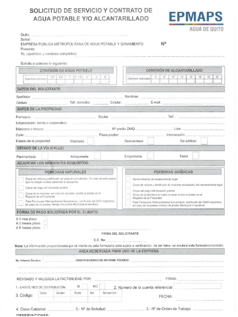 Solicitud de Servicio y Contrato de Agua Potable y o Alcantarillado 1 | PDF