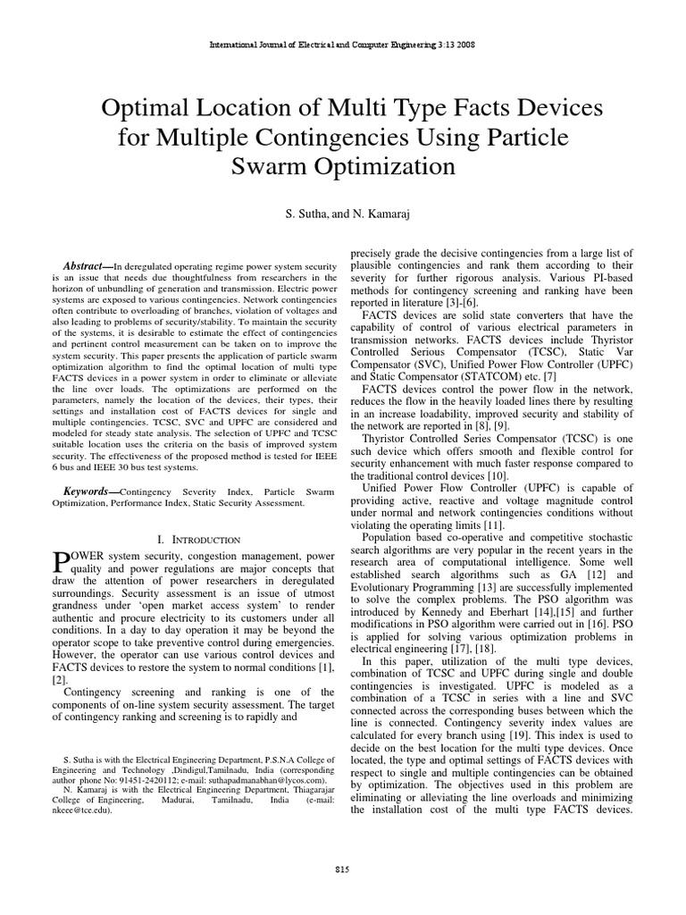 Optimal Location of Multi Type Facts Devices For Multiple Contingencies Using Particle Swarm ...