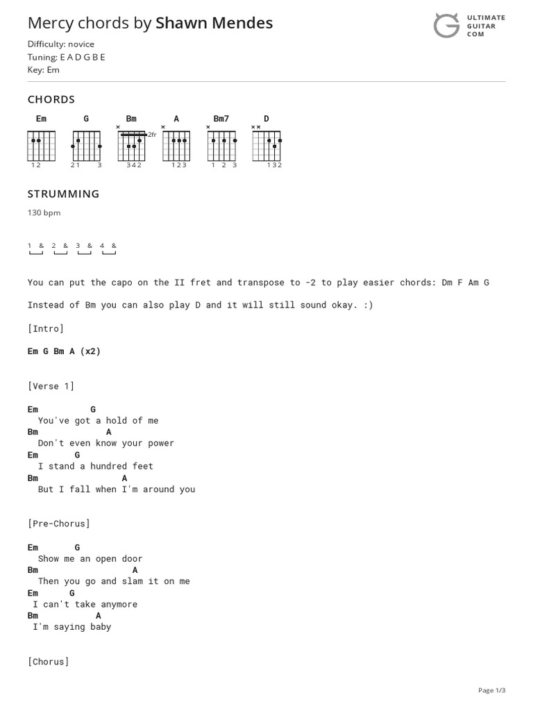 Mercy Chords by Shawn Mendestabs at Ultimate Guitar Archive | Song ...