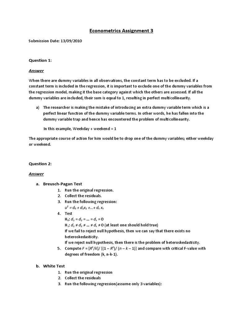 Eco No Metrics Assignment 3 Pdf Errors And Residuals Regression Analysis 2557