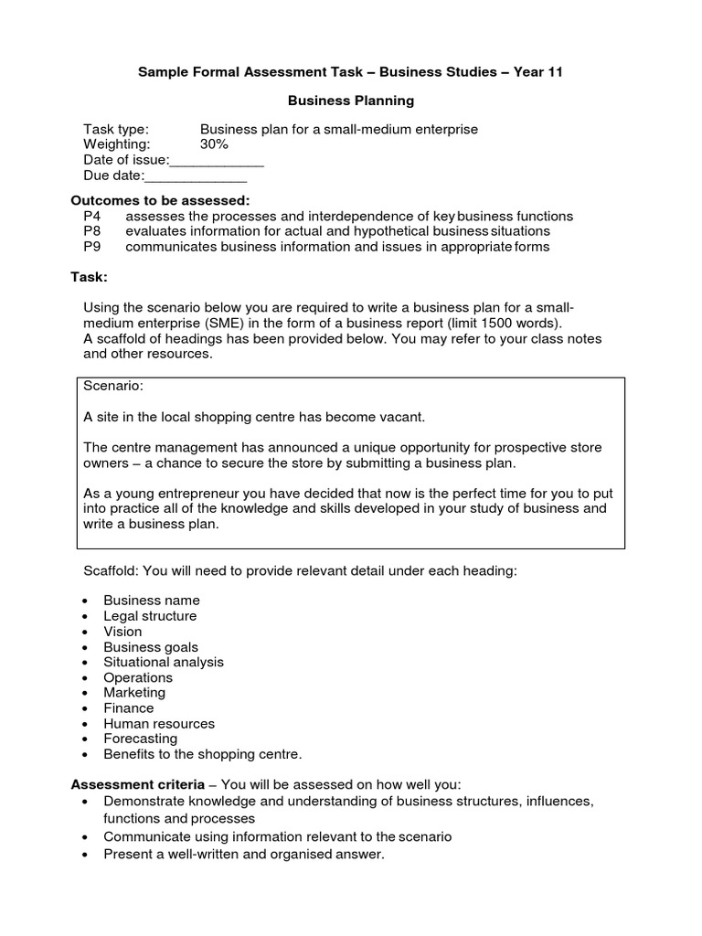 Business Studies Year 11 Sample Formal Assessment Task 3 Business ...