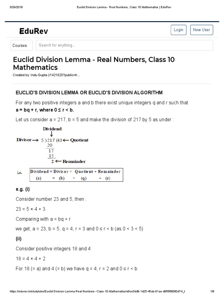Euclid Division Lemma - Real Numbers, Class 10 Mathematics - EduRev | PDF | Elementary ...