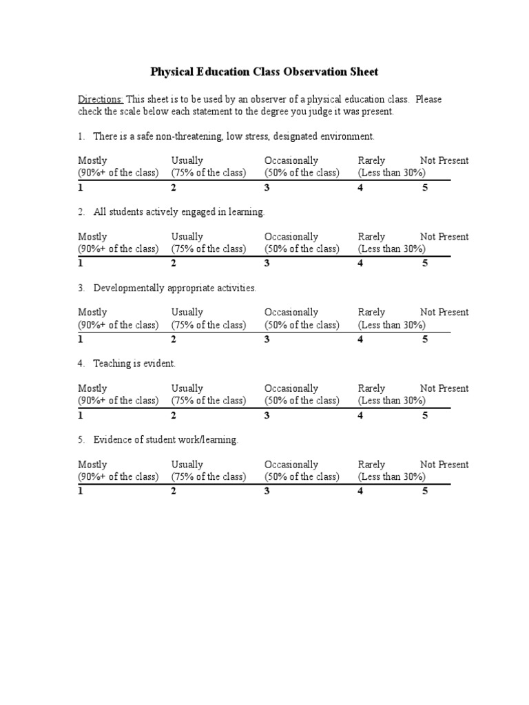 Physical Education Class Observation Sheet | Students | Teachers