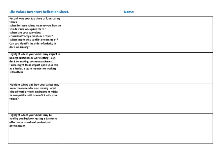Workshop - Life Values Inventory Reflection Sheet | PDF | Business