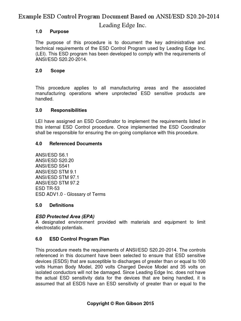 Sample ESD Control Document Based on 2020 2014 | Electrostatic ...