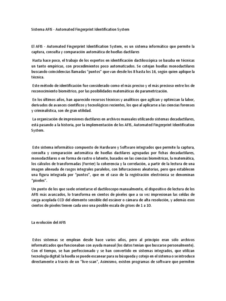 Sistema AFIS | PDF | Biometría | Bases de datos