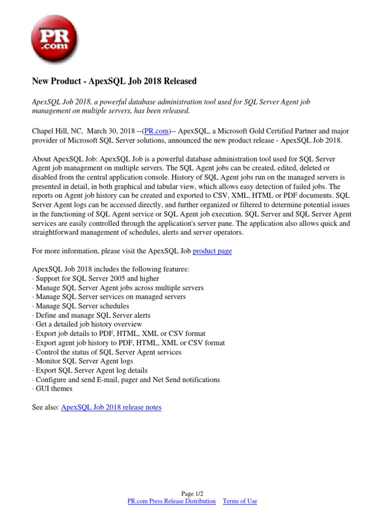New Product - ApexSQL Job 2018 Released | PDF | Microsoft Sql Server | Data Management Software
